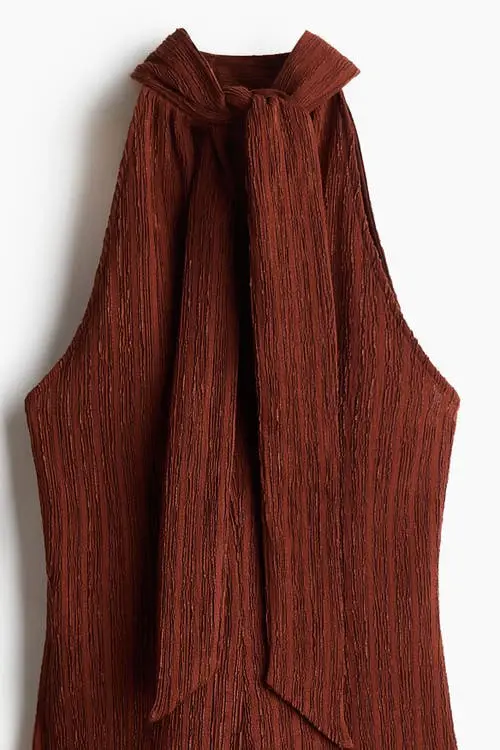 H&m Crinkled Sleeveless Maxi Dress With Stand Collar And Tie Detail