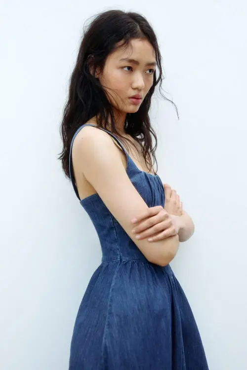 h&m denim midi dress Ladies - Blue Flared-skirt Denim - Size: S Narrow shoulder straps Denim & Jean Dresses |