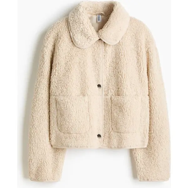 H&m Collared Teddy Jacket With Patch Pockets - Light Beige