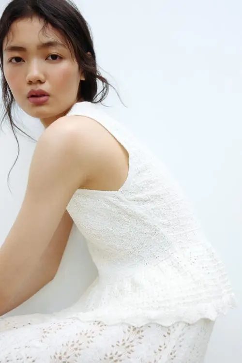 H&m Pointelle-knit Peplum Top - Cream