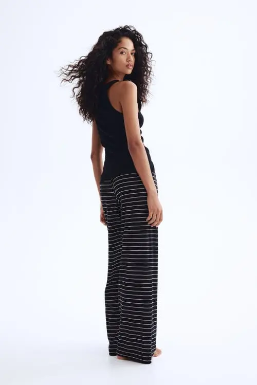H&m Cotton Blend Ribbed Jersey Wide Leg Trousers With Drawstring