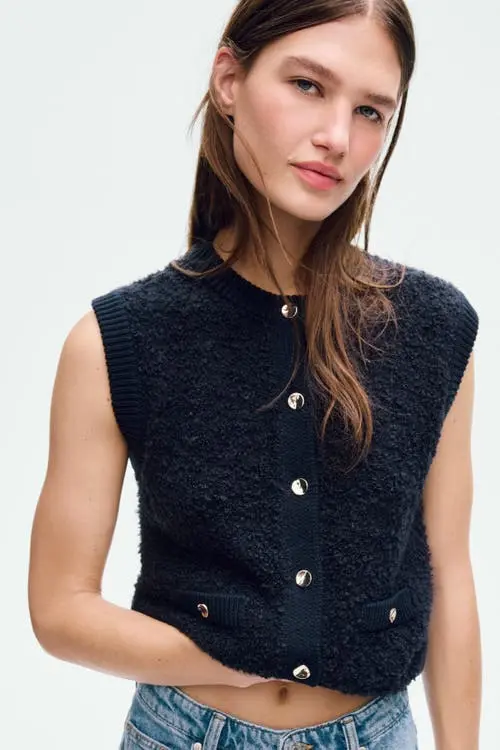 H&m Bouclé-knit Waistcoat With Button Detail