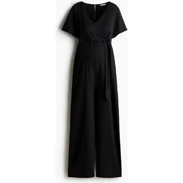 H&m Mama Short-sleeved Tie-belt Jumpsuit - Black