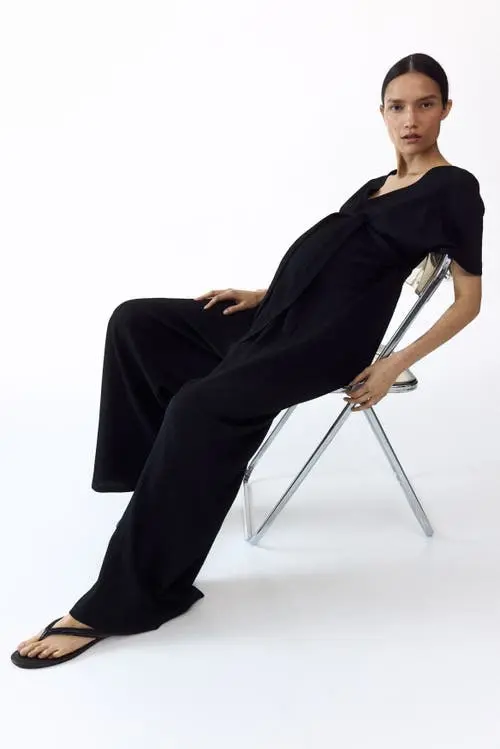 H&m Mama Short-sleeved Tie-belt Jumpsuit - Black