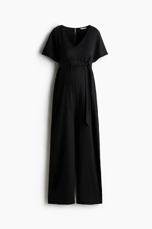 H&m Mama Short-sleeved Tie-belt Jumpsuit - Black