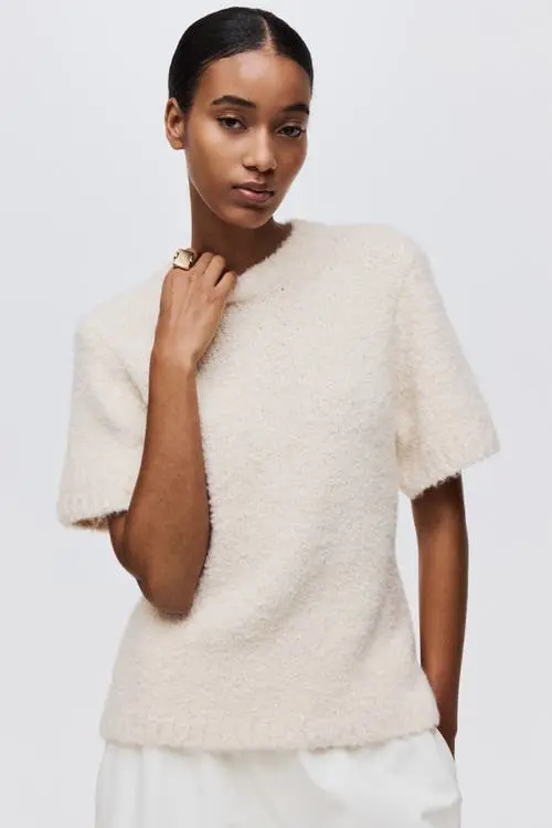 H&m Bouclé-knit T-shirt With Ribbed Details