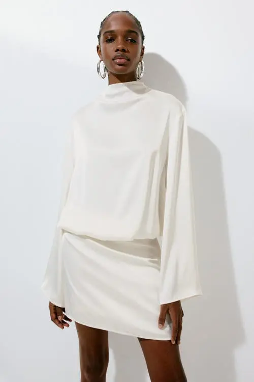 H&m Draped Satin Mini Dress With Stand Collar
