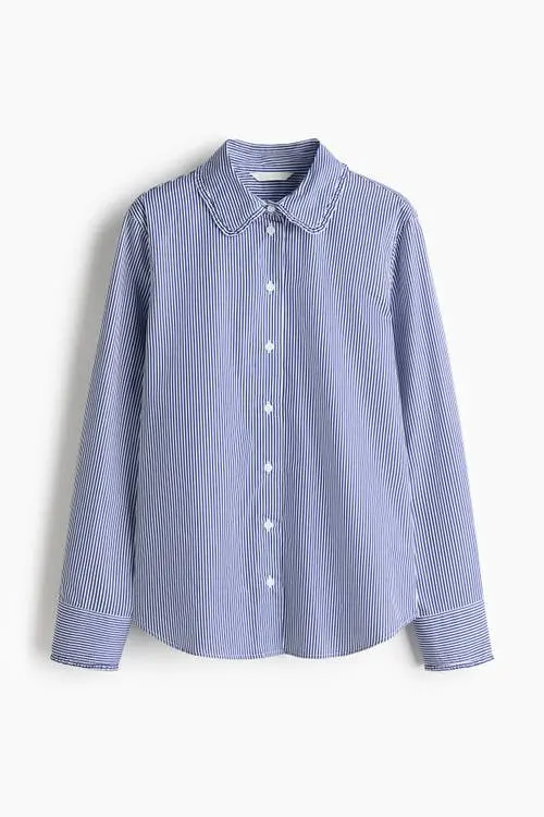 H&m Cotton Poplin Shirt With Frill Collar And Cuffs - Blue/striped