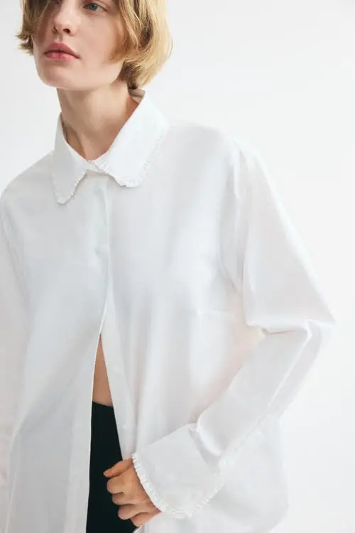 H&M Cotton Poplin Shirt With Frill Trim - White