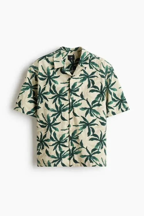 H&m Relaxed Fit Cotton Resort Shirt - Dark Green/patterned