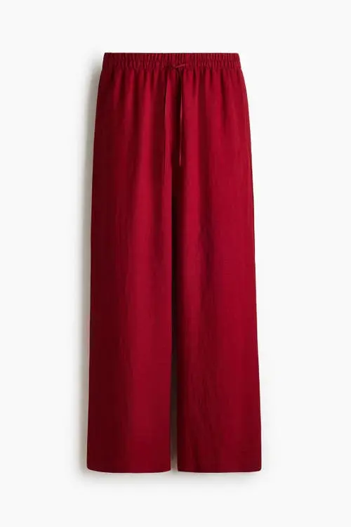 H&m Linen-blend Trousers With High Elasticated Waist And Drawstring - Dark Red