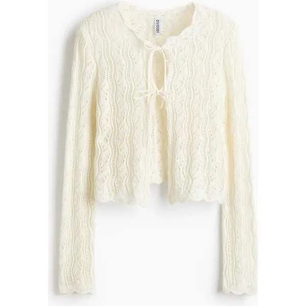H&m Pointelle-knit Tie-front Cardigan With Scalloped Edges - Cream