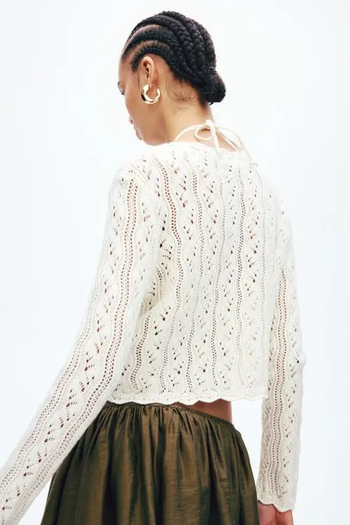 H&m Pointelle-knit Tie-front Cropped Cardigan With Scalloped Edges - Cream