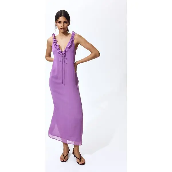 H&m Frill-trimmed V-neck Midi Dress - Purple
