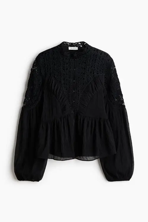 H&m Crochet-look Blouse With Stand Collar And Balloon Sleeves
