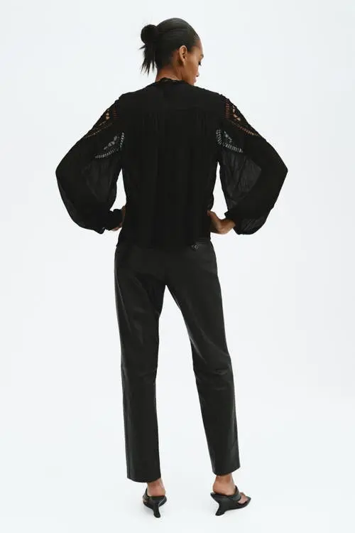 H&m Crochet-look Blouse With Stand Collar And Balloon Sleeves