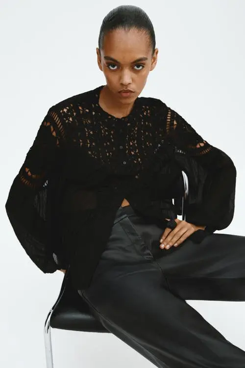 H&m Crochet-look Blouse With Stand Collar And Balloon Sleeves