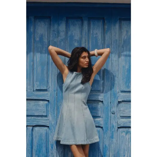 H&m Sleeveless Flared-skirt Denim Dress - Light Denim Blue