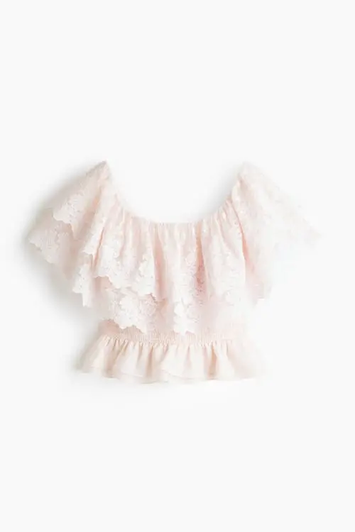 H&m Off-the-shoulder Lace Flounce Top - Light Pink