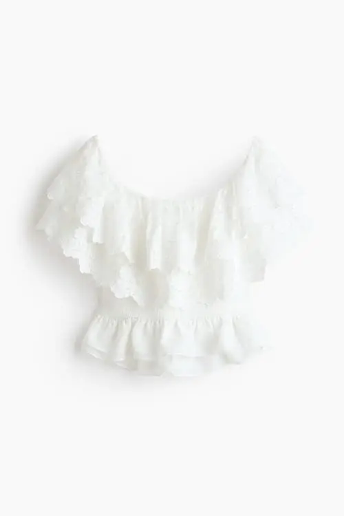 H&m Off-the-shoulder Lace Flounce Top - White
