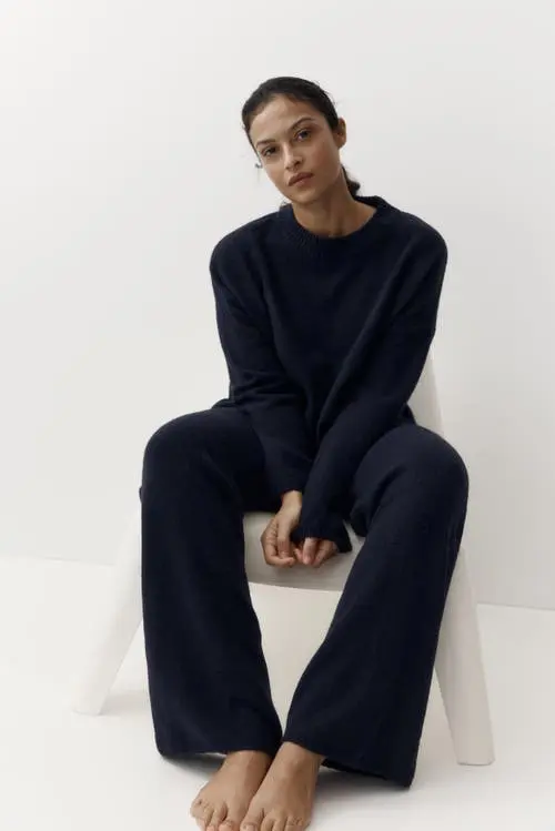 H&m Fine-knit Wool Blend Trousers - Navy Blue