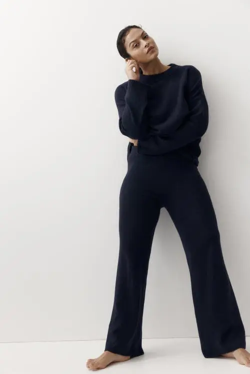H&m Fine-knit Wool Blend Trousers - Navy Blue