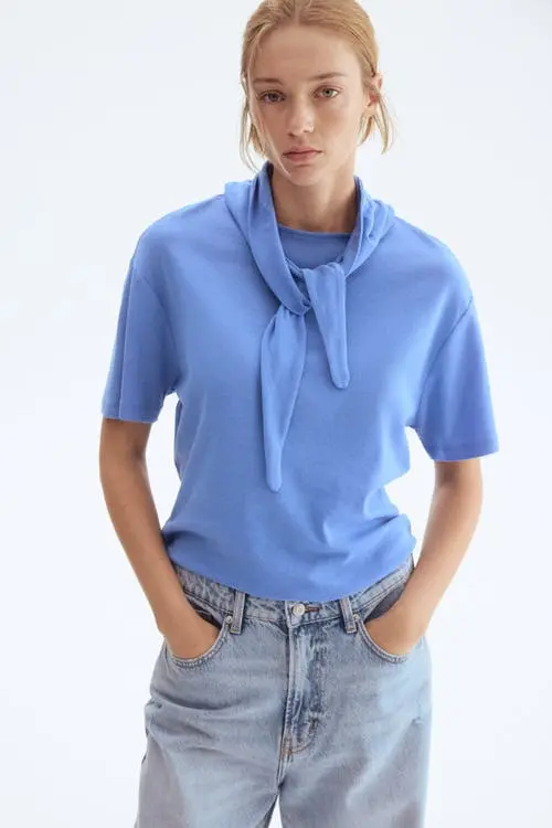 H&m Cotton Scarf Collar Top