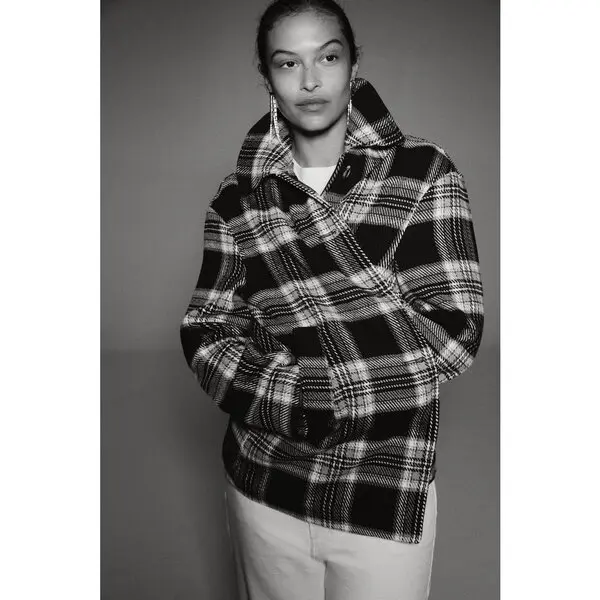 H&M Oversized Checked Coat - Black/plaid