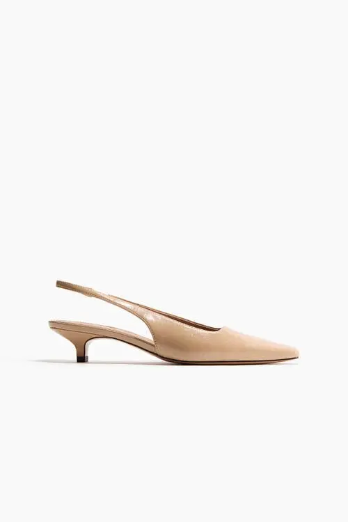 H&m Kitten-heeled Slingbacks With Chisel Toes - Beige