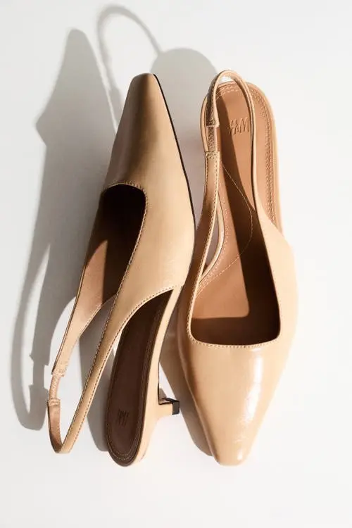 H&m Kitten-heeled Slingbacks With Chisel Toes - Beige