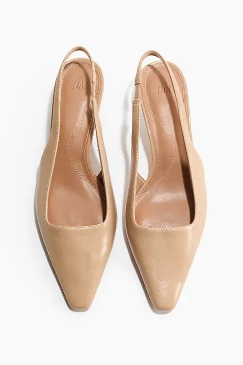 H&m Kitten-heeled Slingbacks With Chisel Toes - Beige