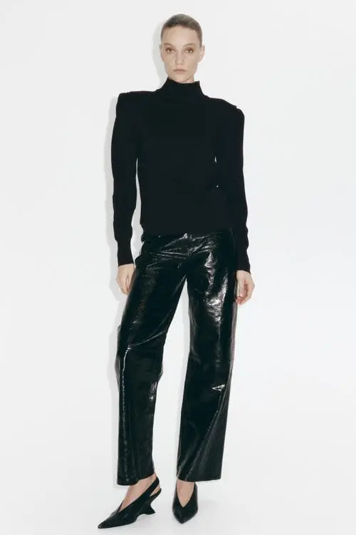 H&m Fine-knit Turtleneck Top With Shoulder Pleats - Black