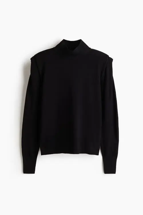 H&m Fine-knit Turtleneck Top With Shoulder Pleats - Black