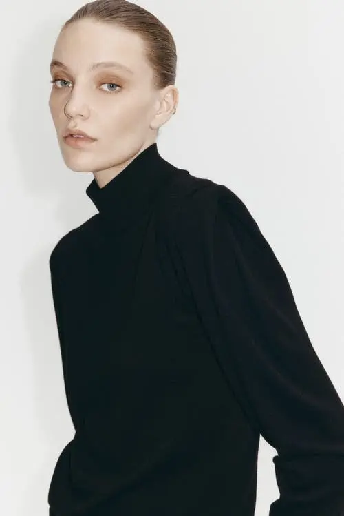 H&m Fine-knit Turtleneck Top With Shoulder Pleats - Black