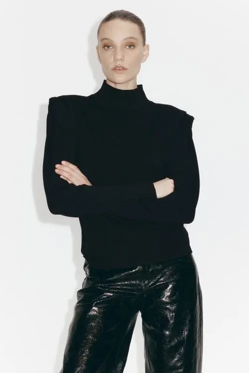 H&m Fine-knit Turtleneck Top With Shoulder Pleats - Black