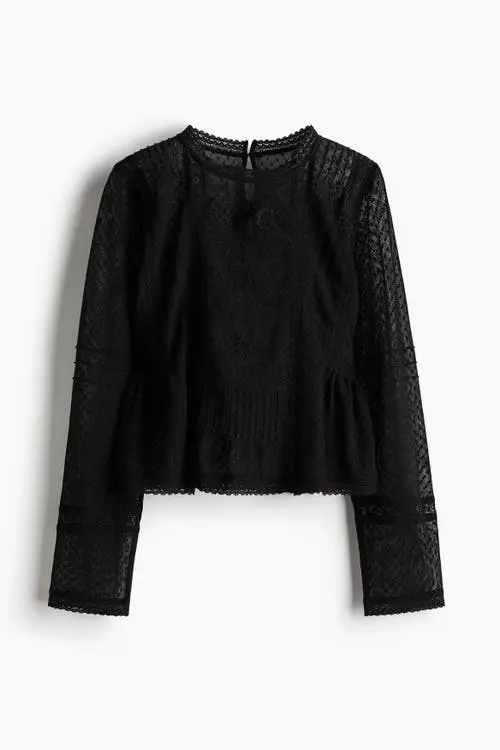 H&m Plumeti Mesh Blouse With Lace And Embroidery