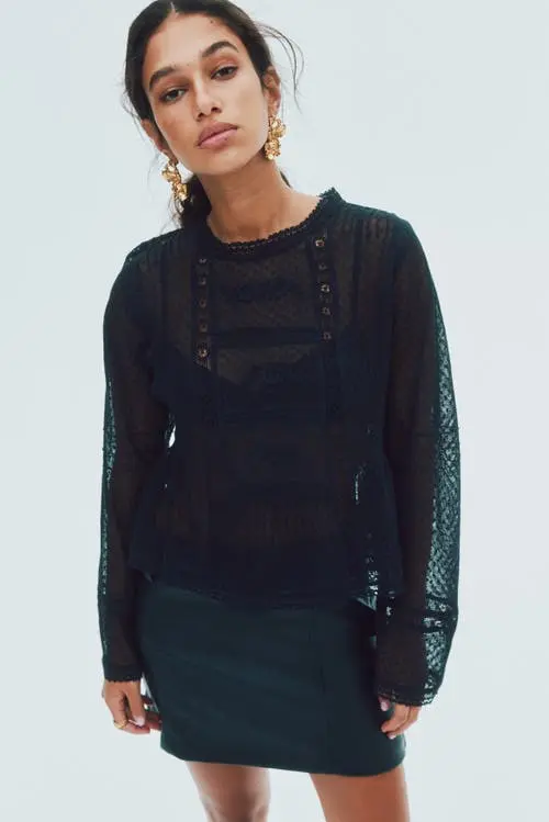 H&m Plumeti Mesh Blouse With Lace And Embroidery