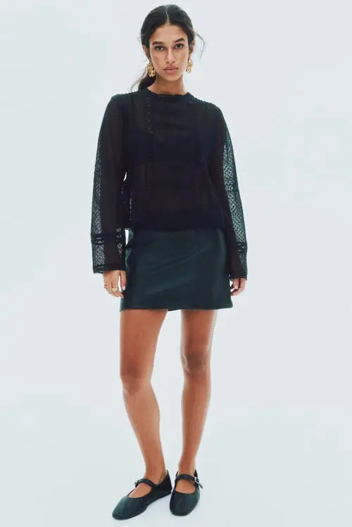 H&m Plumeti Mesh Blouse With Lace And Embroidery