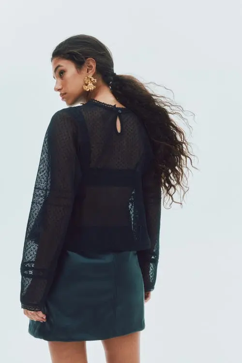 H&m Plumeti Mesh Blouse With Lace And Embroidery