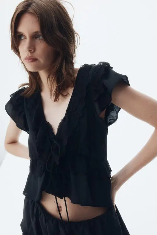 H&m Flounce-trimmed Satin Blouse With Lace Detail