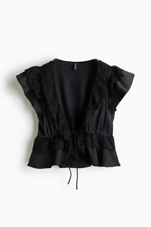 H&m Flounce-trimmed Satin Blouse With Lace Detail