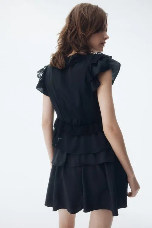 H&m Flounce-trimmed Satin Blouse With Lace Detail