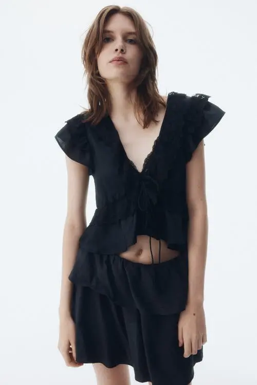 H&m Flounce-trimmed Satin Blouse With Lace Detail