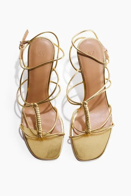 H&m Heeled Strappy Sandals With Knot Detail - Gold-colored