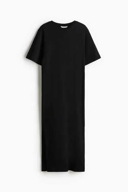 H&m Long T-shirt Dress With Side Slits - Black