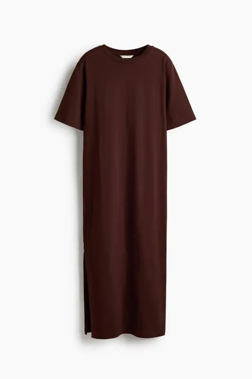 H&m Long T-shirt Dress With Side Slits - Brown