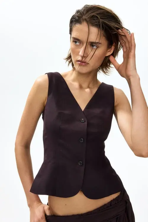 H&m Linen-blend Waistcoat - Dark Brown