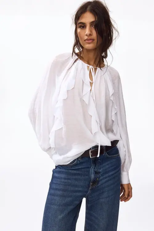 H&m Oversized Blouse With Flounce Trim
