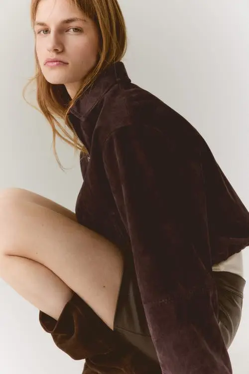 H&m Textured Zip-up Jacket With Classic Collar - Dark Brown