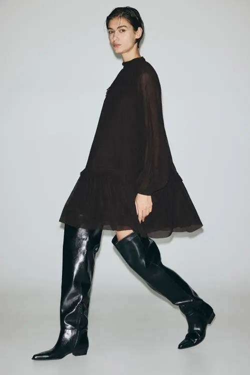 H&m Plissé Jersey Dress - Dark Brown